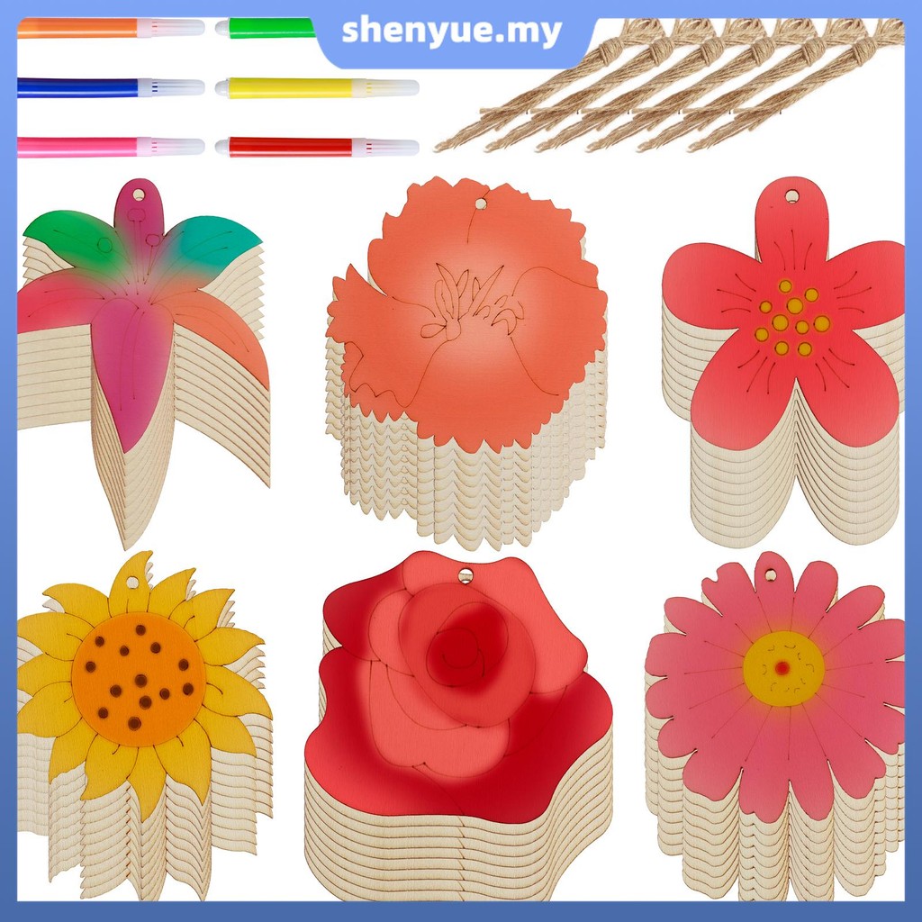 60Pcs Unfinished Wood Cutouts DIY Wood Flower Cutouts Wood Cutouts ...