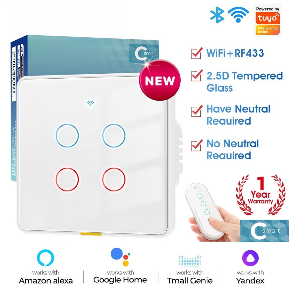 Tuya WiFi Touch Smart Switch Light Without No Neutral Wire Glass Wall ...