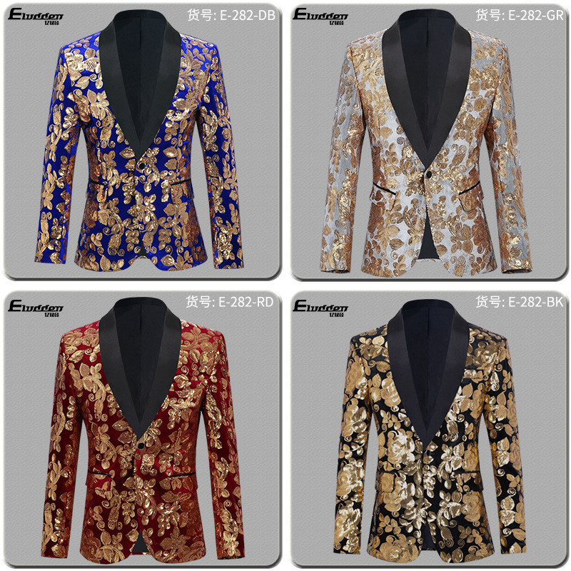 [Premium Suit] Men's Plain Fleece Gold Sequined Suit Jacket Male Singer ...