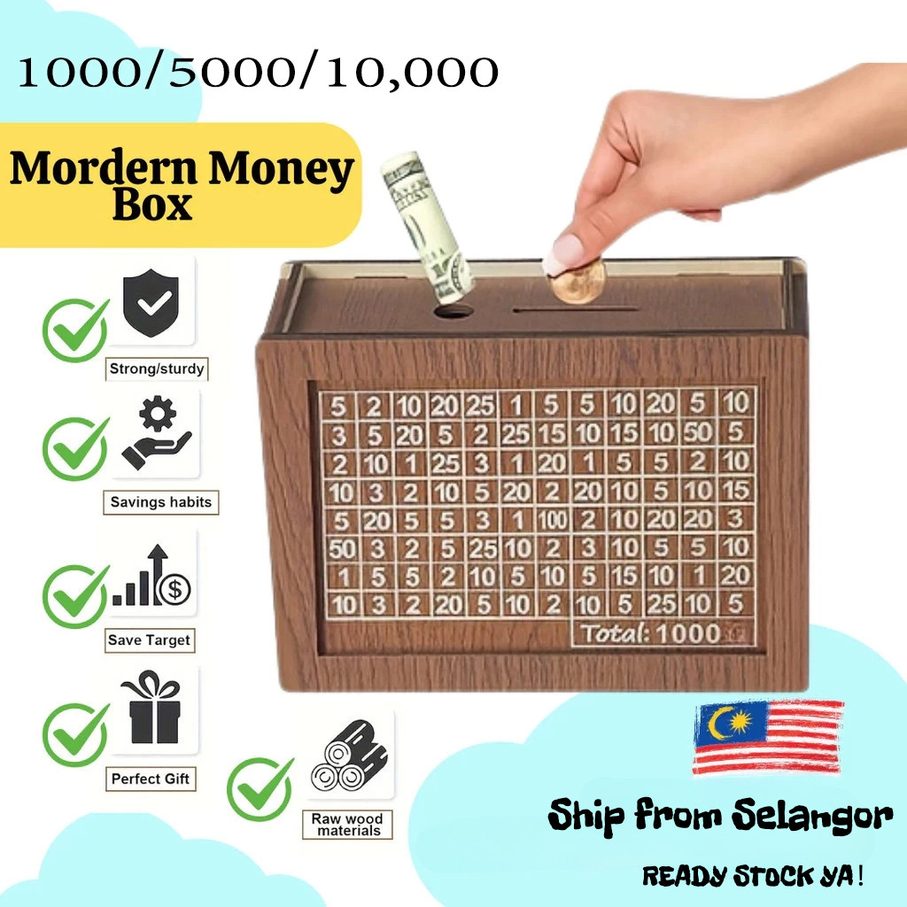 Modern Money Saving Box Wood Money Box with number on the box Tabung ...