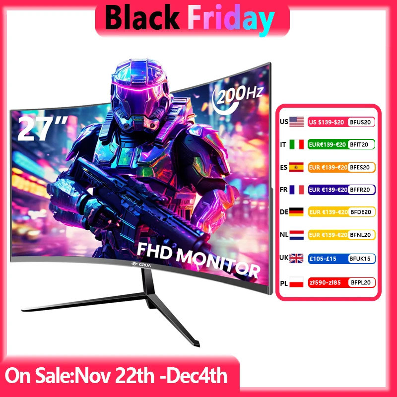 27inch CRUA Curved Gaming Monitor 200Hz, PC Screen Full HD 1080P, Bezel ...