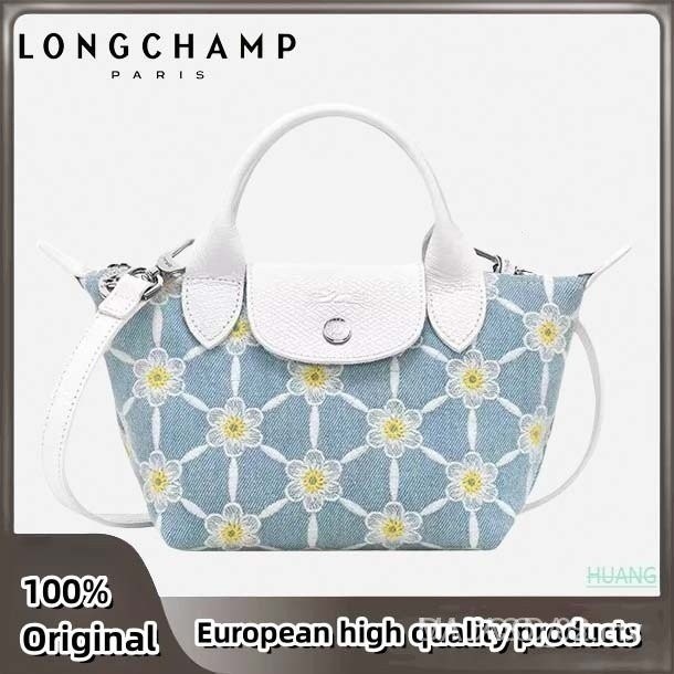 Asal Longchamp 2024 baru panjang 100% terhad beg kulit salib Denimforal ...