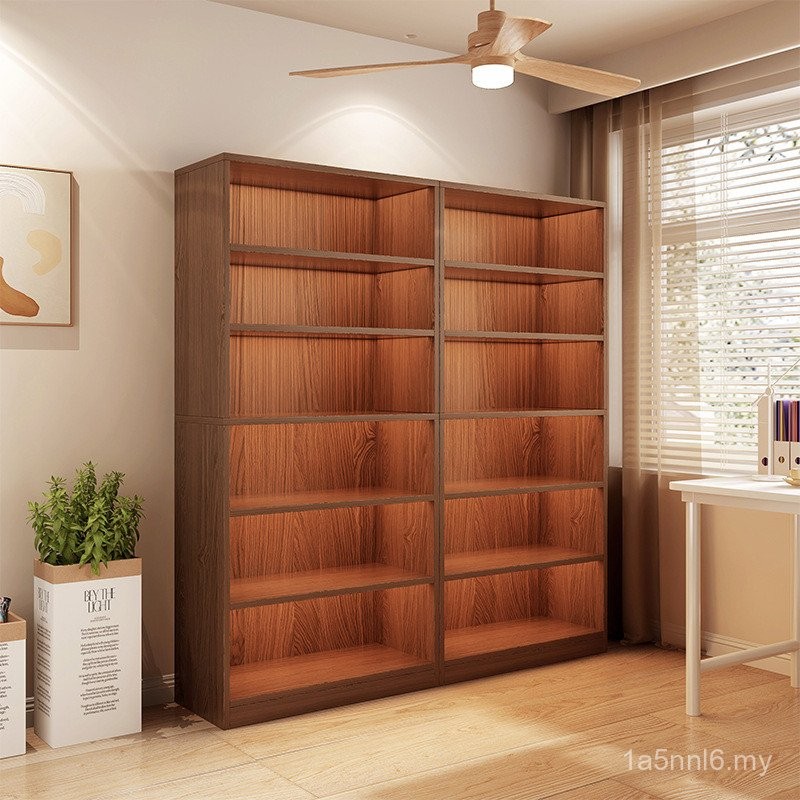 Rak buku seluruh dinding lantai ke dinding mudah kayu walnut loker ...