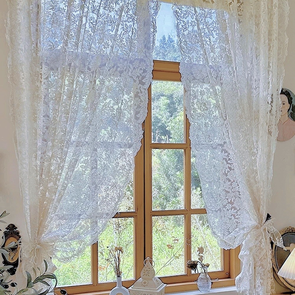 Victorian Rose 3D Floral Knitted Woven Lace Sheer Curtain Valance for ...