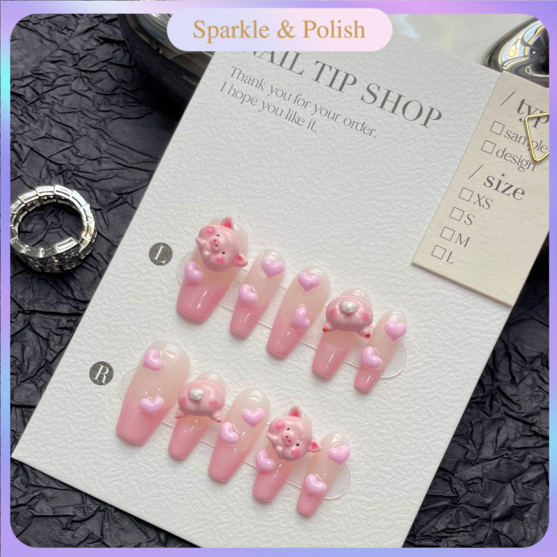 【SP】Handmade Wearable Nails French 3D Sunny Toast Pig Detachable Fake ...