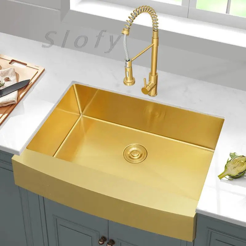 Gold Farmhouse Kitchen Sink 304 Stainless Steel Apront Front Single ...
