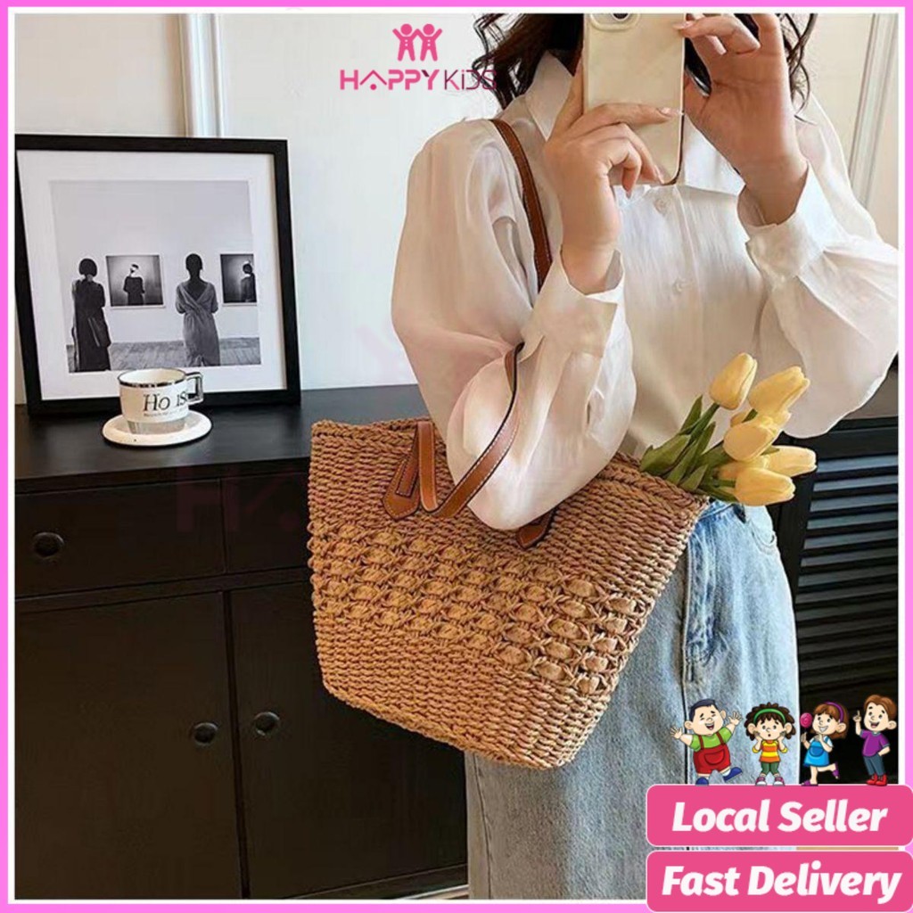 Handmade Straw Shoulder for Women Rattan Woven Ribbons Handbag Beach ...