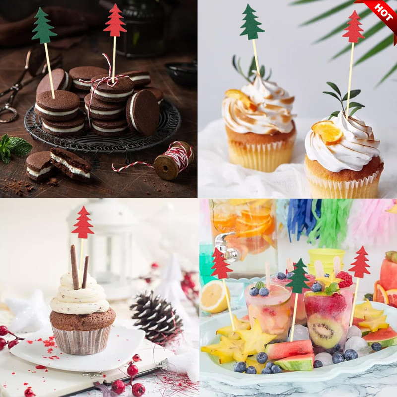 (LA)100Pcs Christmas Disposable Bamboo Skewers Santa Xmax Tree Fruit ...