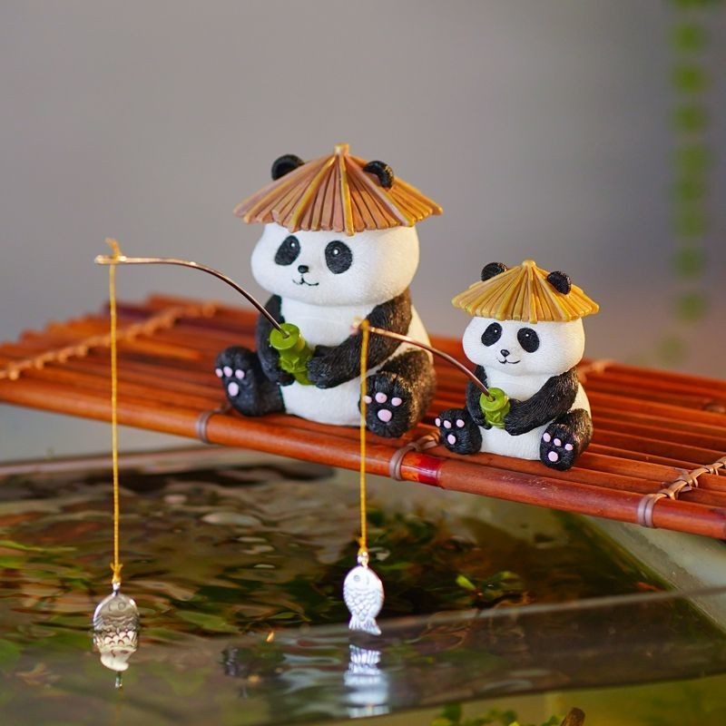 Panda memancing ikan gunung palsu air mengalir landskap mikro lanskap ...
