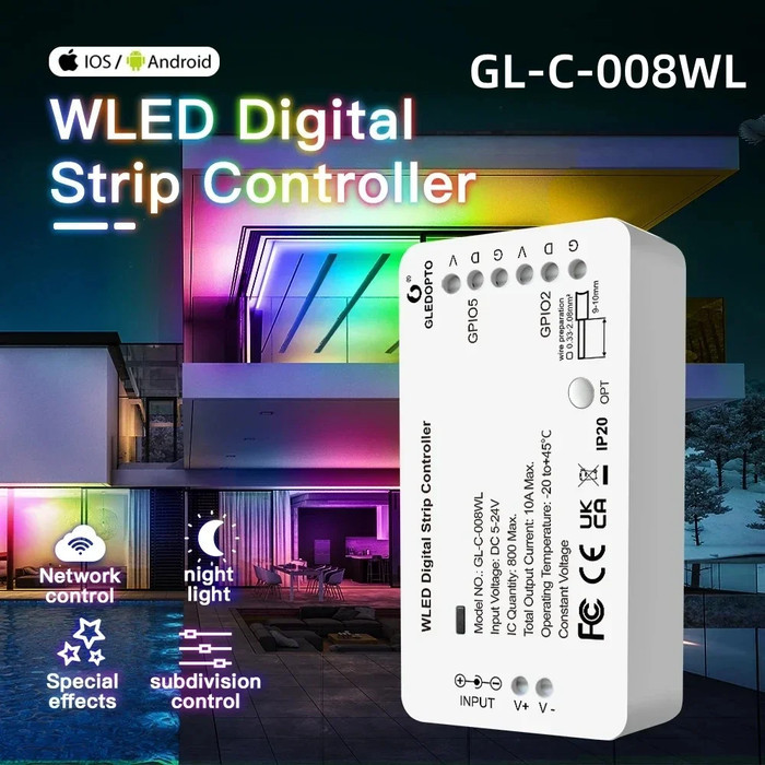 Gleopto GL-C-008WL DC 5V-24V ESP WLED Digital SPI LED Strip Running RGB ...