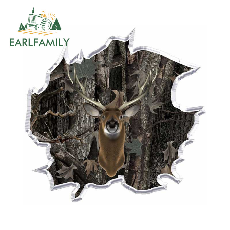 EARLFAMILY 13cm x 12.6cm Oak Camouflage Deer Head Hunting Ripped Vinyl ...