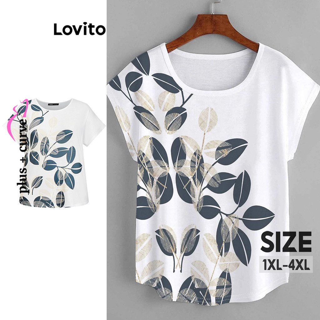 Lovito Plus Size Curve Boho Plants Asymmetrical T-Shirt for Women ...
