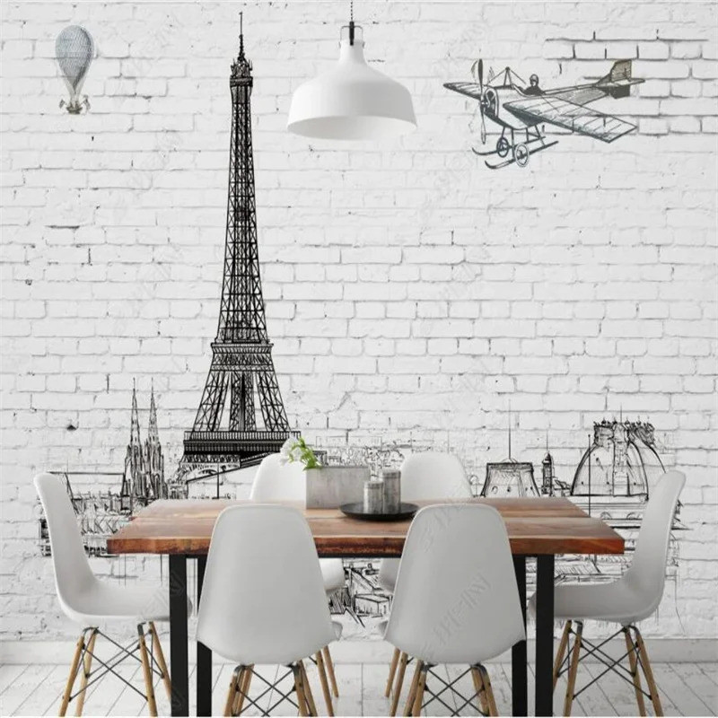Custom wallpaper Mural White Brick Wall Paris Eiffel Tower Home Decor ...