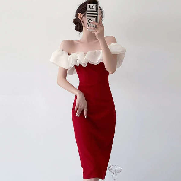 dinner dress satin dress dress korean style Gaun satu bahu bandeau ...