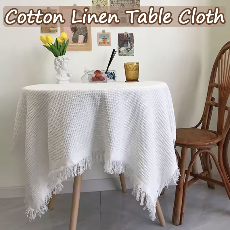 Cotton Linen Table Cloth Nordic Style Waffle Tablecloth with Fringe ...