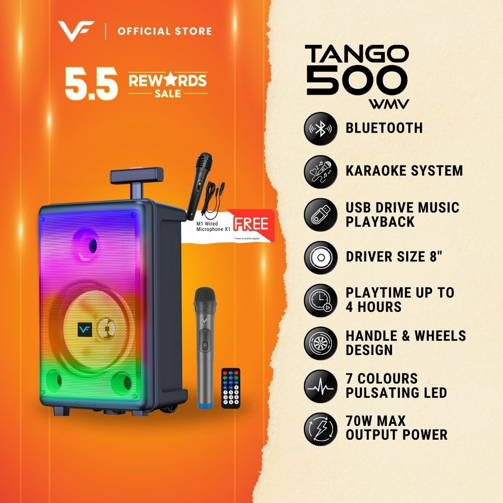 Vinnfier VF Tango 500 WMV Portable Karaoke bluetooth speaker 70W Stereo Sound LED Lights ...