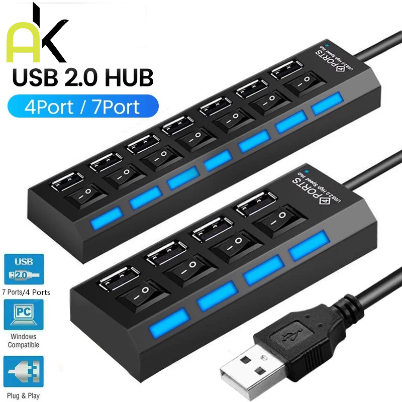 AK USB 2.0 Channel Booster HUB Combo Splitter 4/7 Port Switch High ...