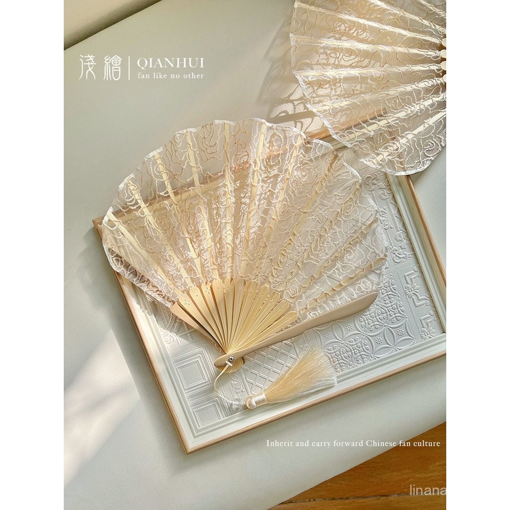 Slim-painted Original Champagne Color Embroidered Rose Lace Small Fan ...