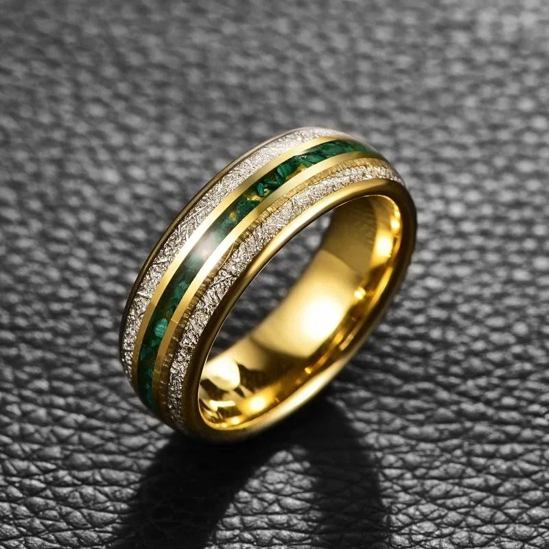 Electric Gold Color Inlaid Meteorite Green Gravel Tungsten Steel Ring ...