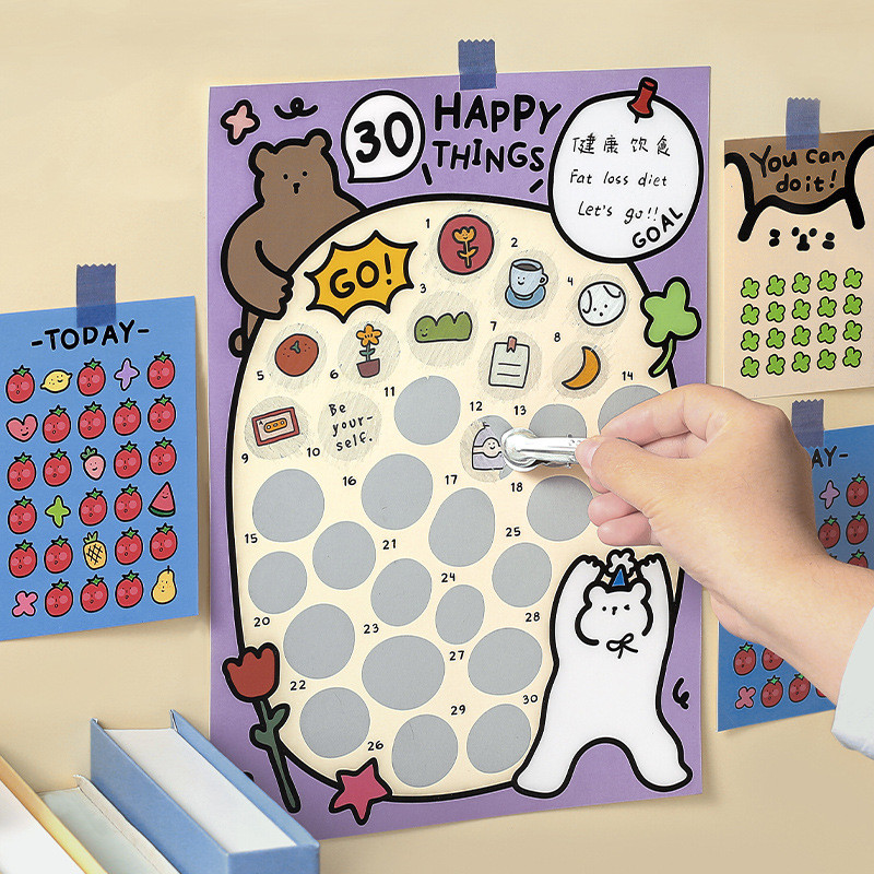Cdaily|6 Sheets Scratch Happy Posters 30 Days Happy Plan Student Punch ...