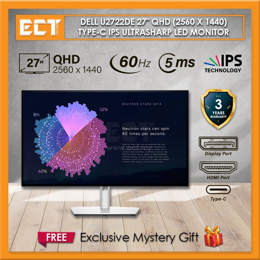 Dell U2722DE 27" QHD (2560 x 1440) Type-C IPS UltraSharp LED Monitor ...