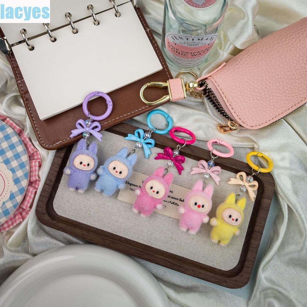 LACYES Flocking Labubu Key Ring, Silica Gel Bell Sit Down Labubu ...