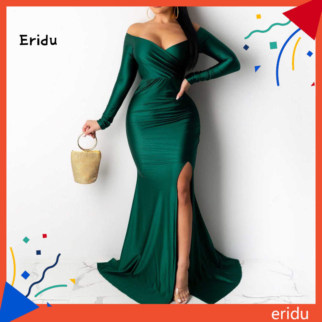 [ER] Backless Ball Gown Low-cut Dress Elegant V Neck Off Shoulder Maxi ...