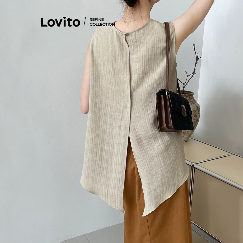 (Lovito Refine) Elegant Plain Linen Split Back Tank Top for Women ...