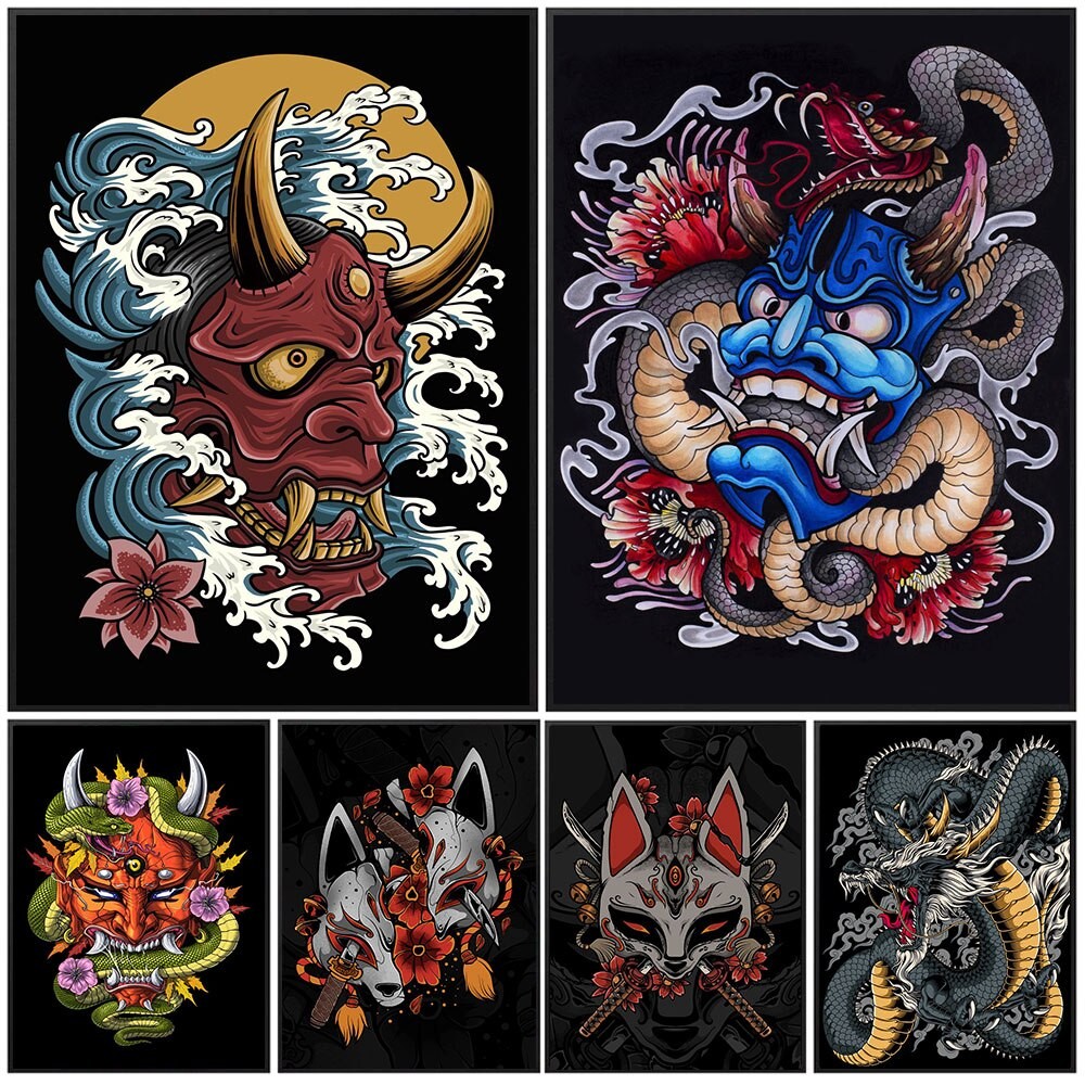 Poster CETAKAN Anime Jepun Demon Mask Abstrak Hannya Kitsune Kanvas ...