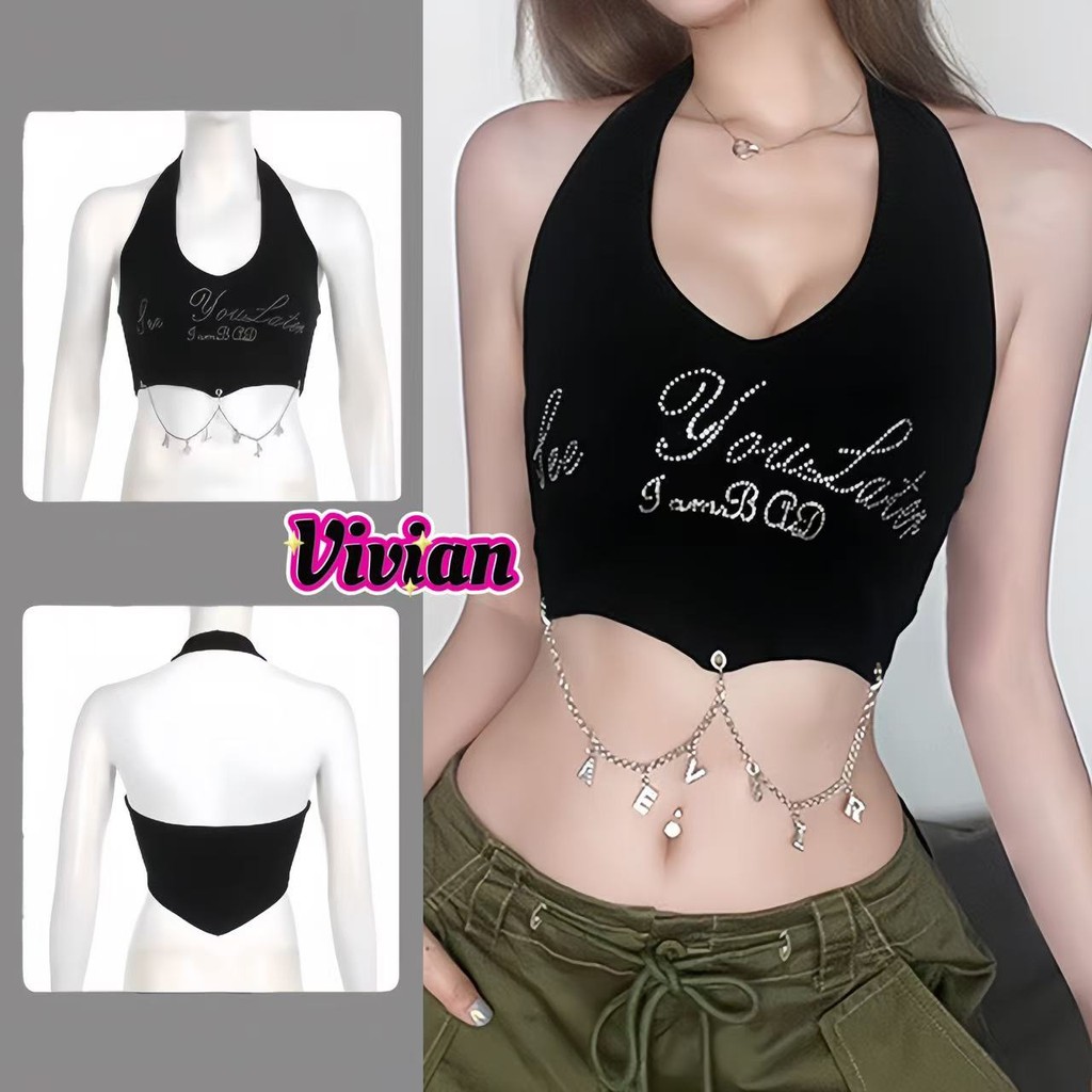 Vivian Neckline Sleeveless Top With Sponge Decorated With Sexy Chain y2k Style Crop Show Your ...