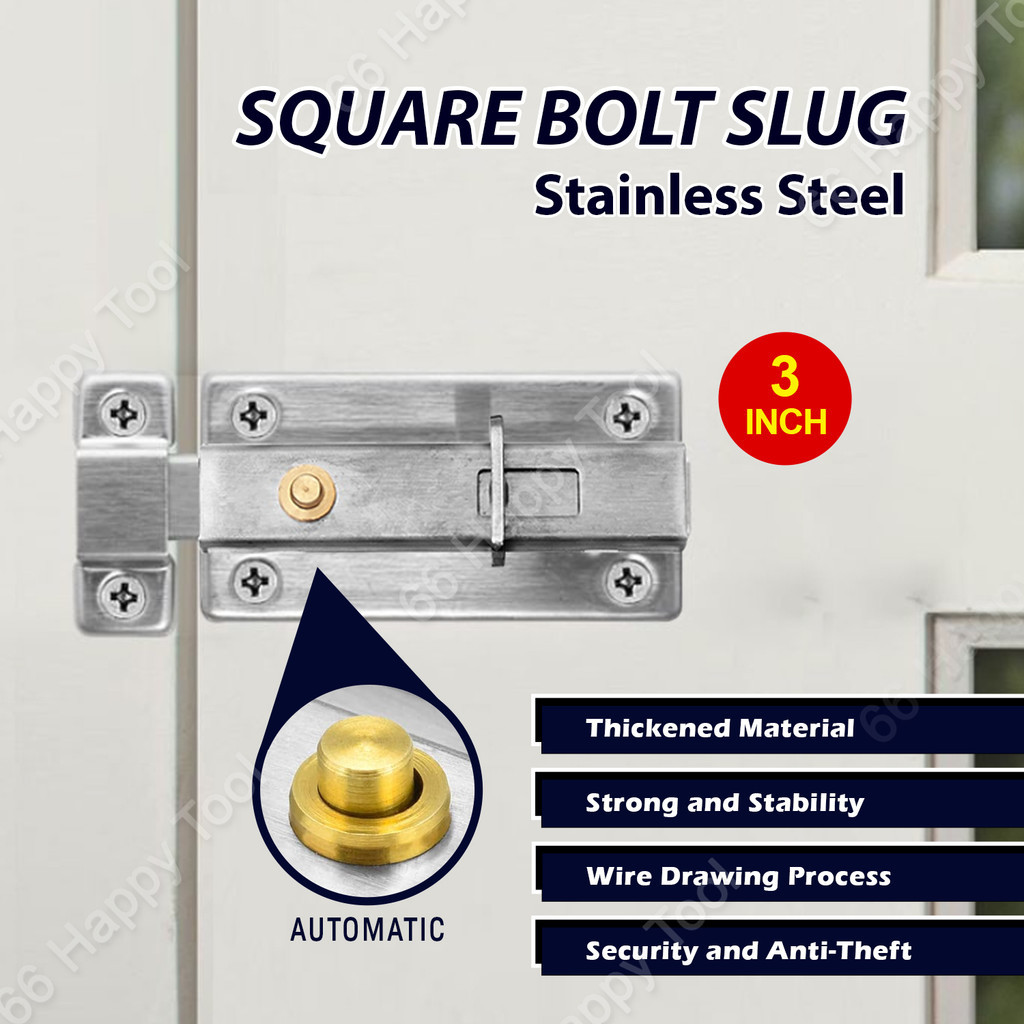 3Inch Stainless Steel Square Bolt Slug Tower Bolt Door Slide Latch Lock Pintu Selak Security ...