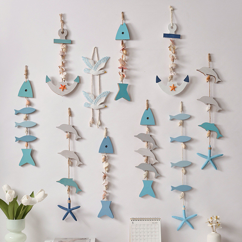 Mediterranean wooden fish string pendant shell fish string iron anchor ...