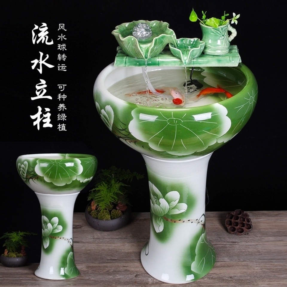 Ceramic Floor-standing Column Type Tank Flowing Water Fountain Water Lily Basin Large Size Basin ...