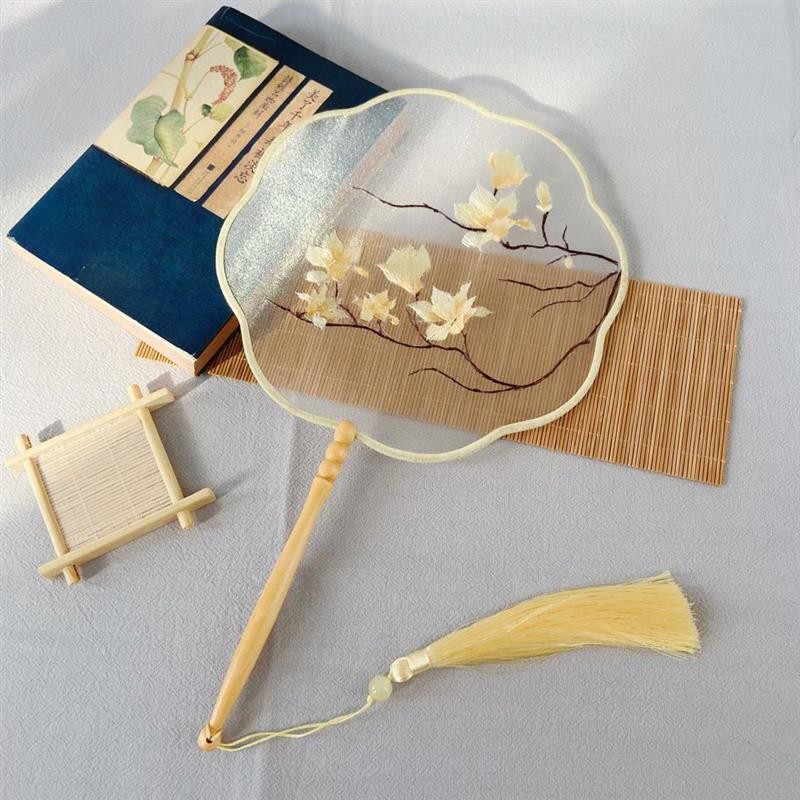 Embroidered Ancient Silk Round Fan Chinese Hanfu Photography Props Long ...