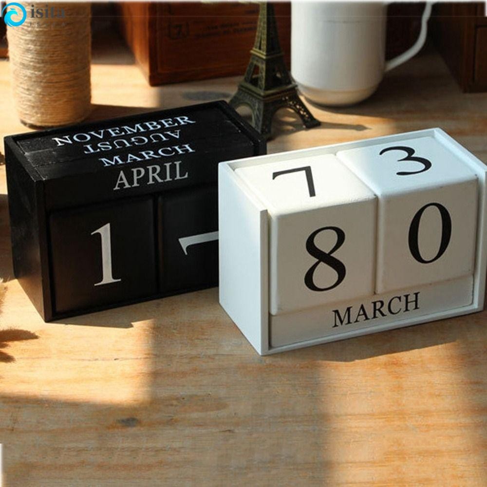 ISITA Wooden Perpetual Calendar, MDF Pastoral Style Building Blocks ...