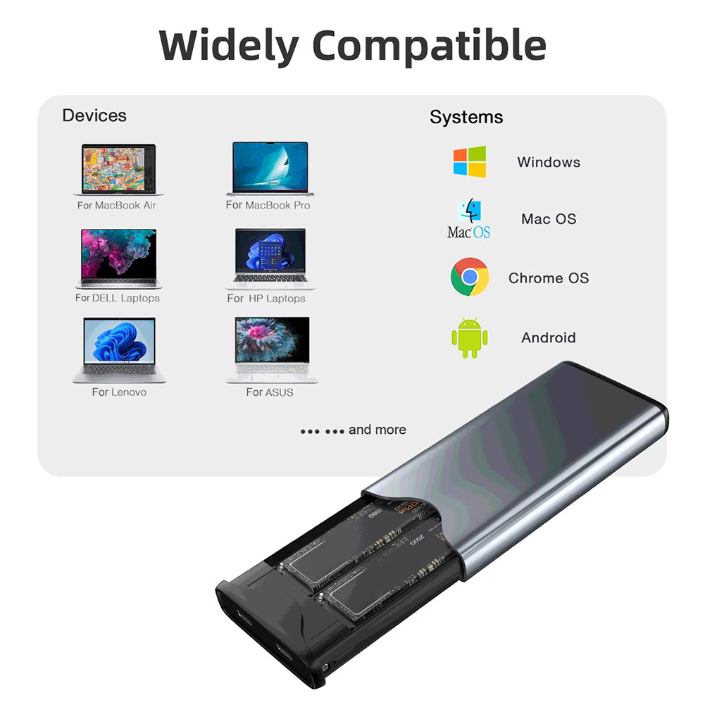 Dual Bay M.2 NVMe SATA SSD Enclosure USB3.2 Gen2 Type-C 10Gbps Hard ...
