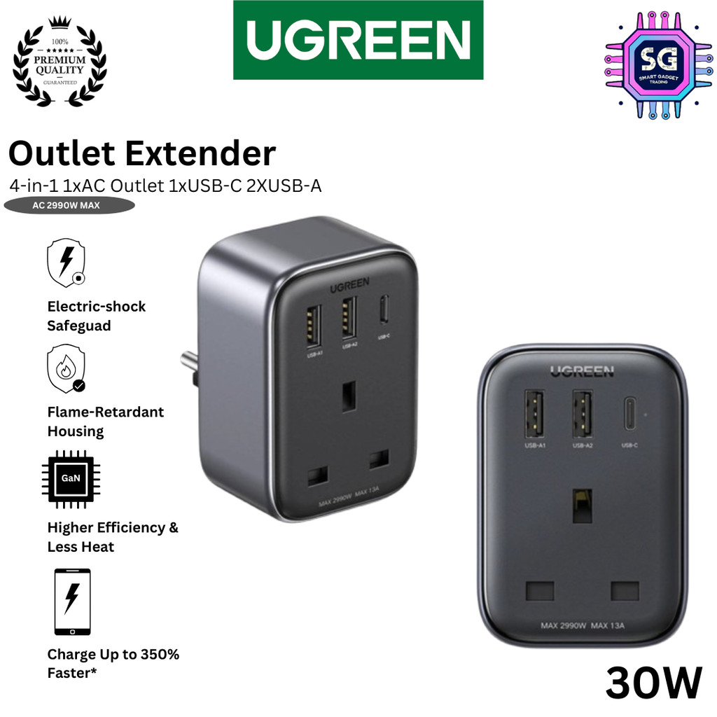UGREEN PD30W 4-in-1 USB-C Outlet Extender 30W PD Charger Adaptor UK ...