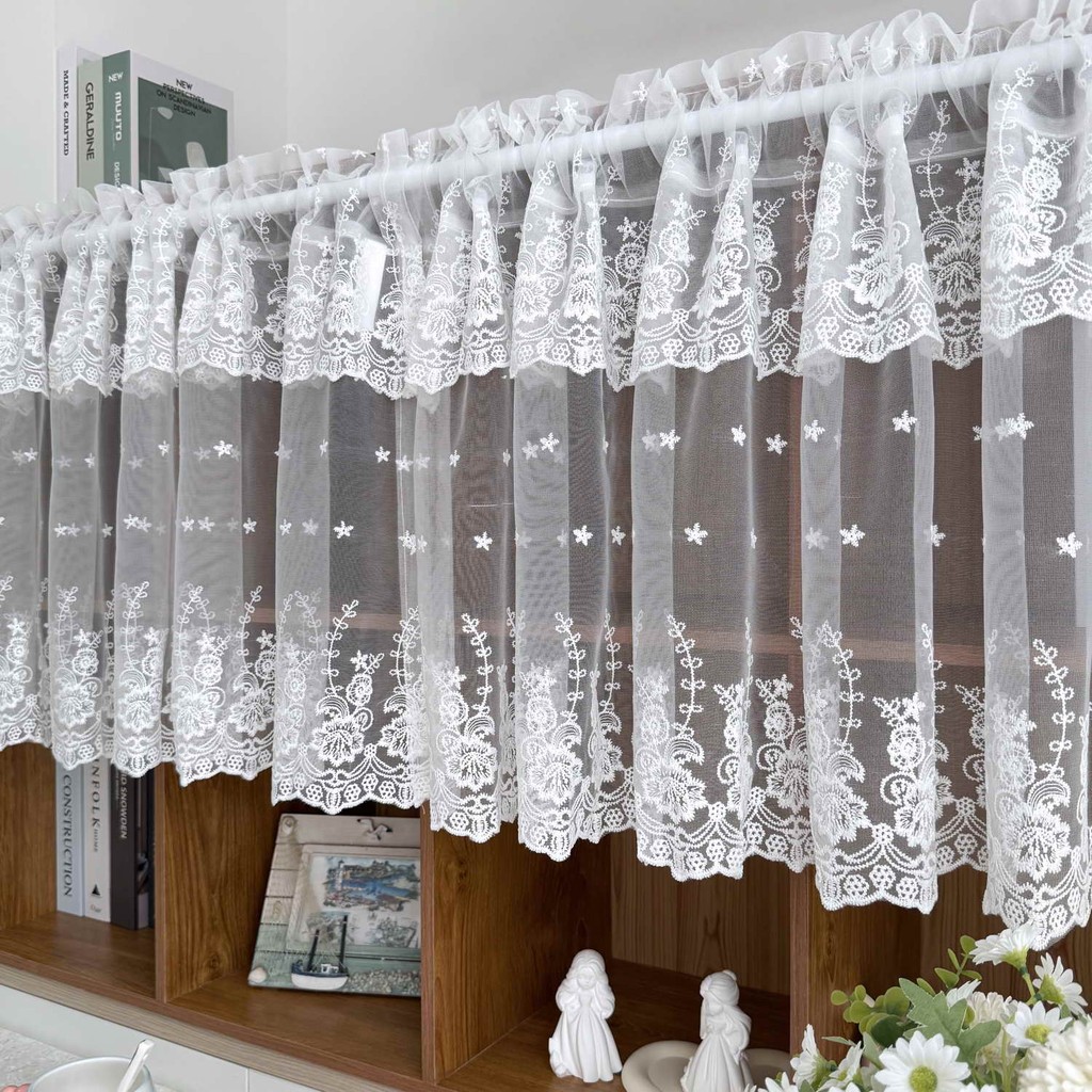 Romantic White Floral Knitted Lace Cafe Tier Short Curtain with ...
