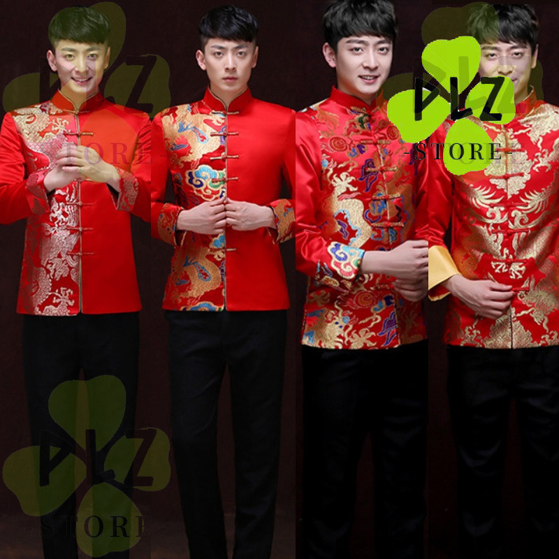 m 2025 CNY Red Men Man Groom Formal Chinese Traditional Samfu Wedding ...