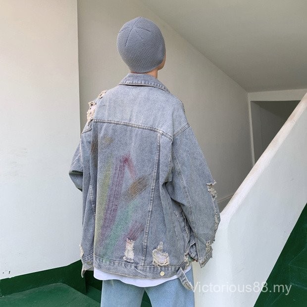 Hip Hop Jacket Ripped Retro bf Spring Autumn ins Male Couple Distressed ...