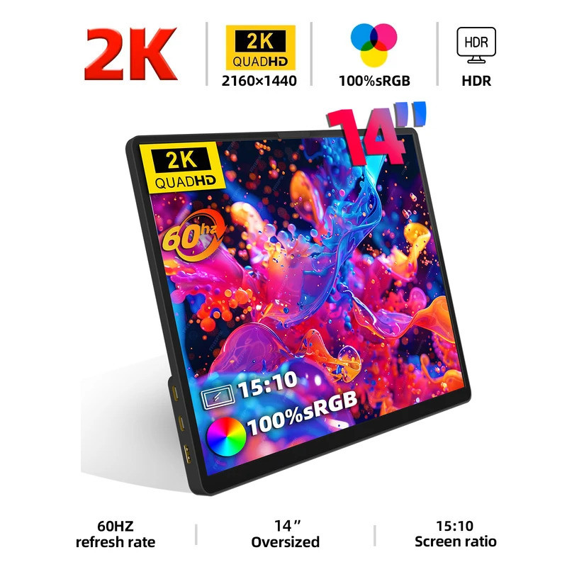 ZSUS 14 Inch 2K Portable Monitor 2160*1440 15: 10 IPS HDMI TYPEC For ...