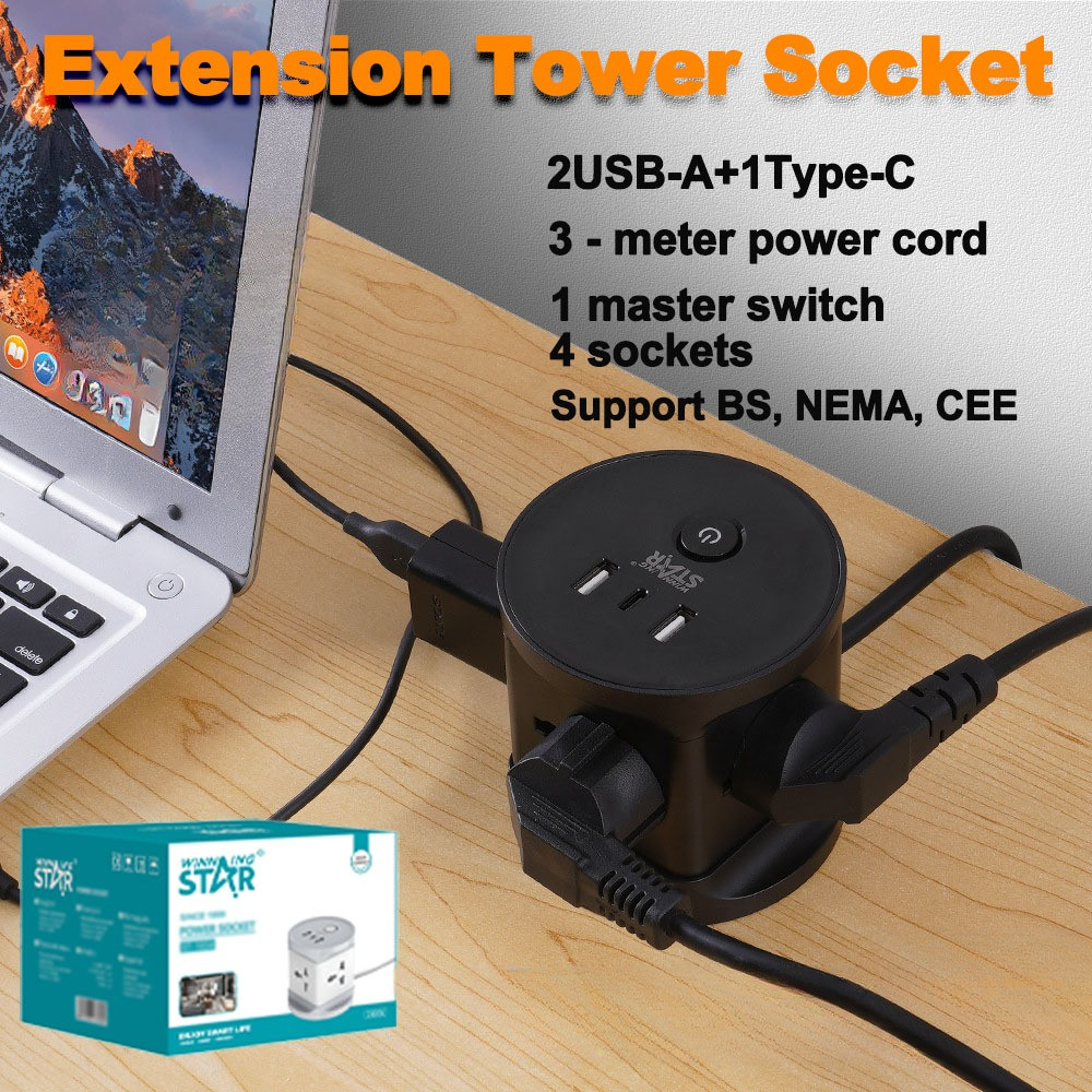 Small Multi-Function Conversion Plug Tower Extension Socket with USB-A x2 + USB Type-C x1 Surge ...