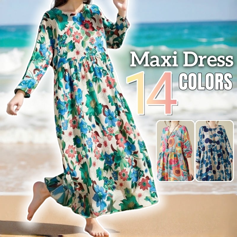 Summer Floral Dress Plus size Woman Casual Loose Long Sleeve Maxi ...