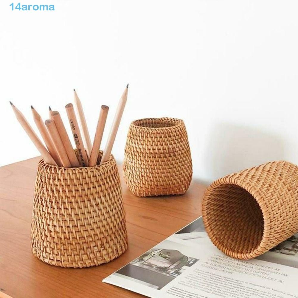 AROMA Hand Woven Pen Holder, Multifunctional Stationery Storage Wood ...