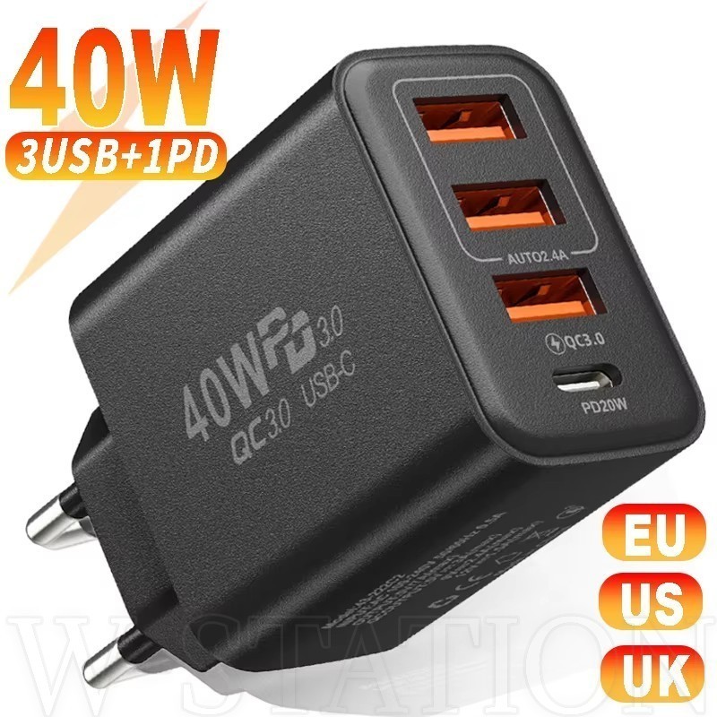 40W 4 Ports USB Type C Charger - QC3.0 PD Fast Charging Set - EU/US/UK ...