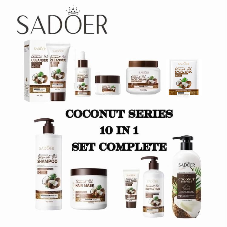SADOER Coconut Oil Series 10-in-1 Set: Complete Care for Skin & Hair with Shampoo, Lotion, Face ...