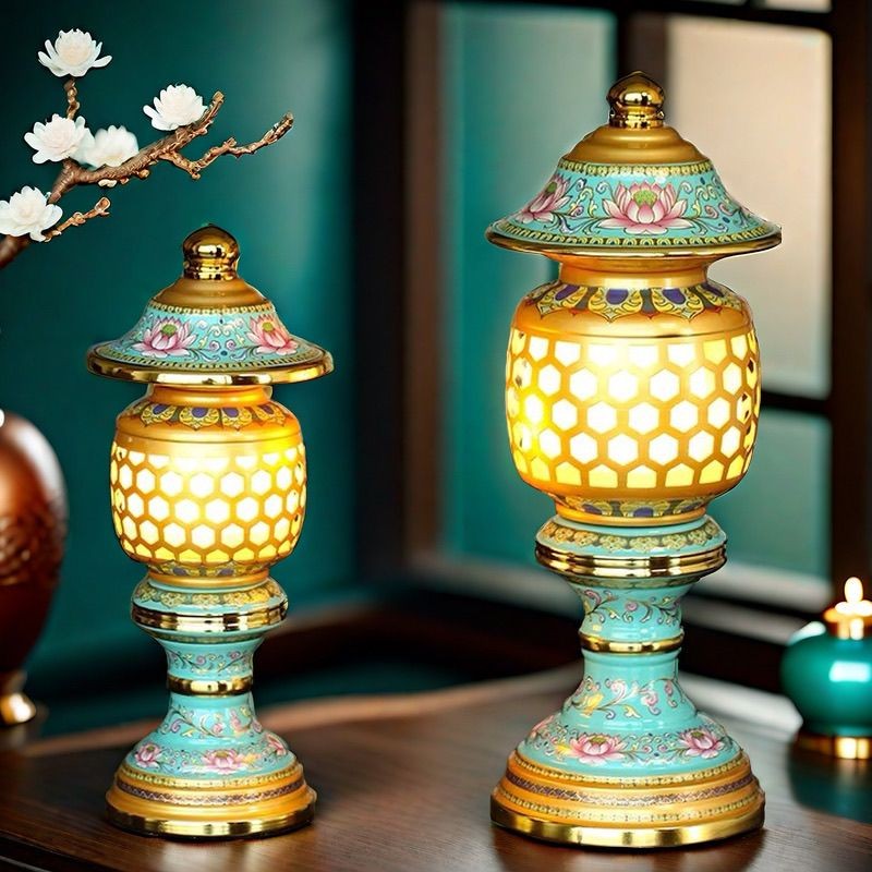 Electric candle lamp in front of Tang pattern Buddha, God of wealth ...