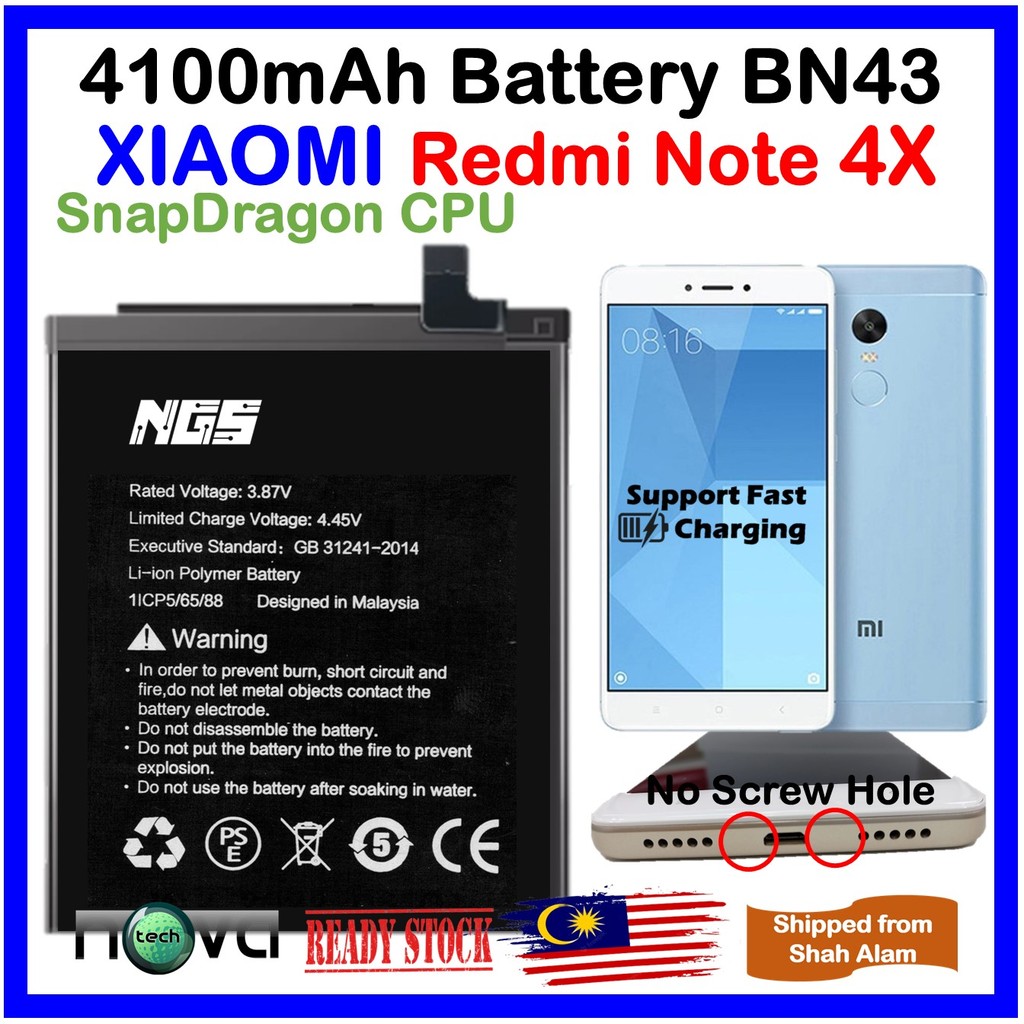 ORIGINAL NGS 4100mAh Battery BN43 Fit For XIAOMI Redmi Note 4X (Snapdragon CPU) With Opening ...