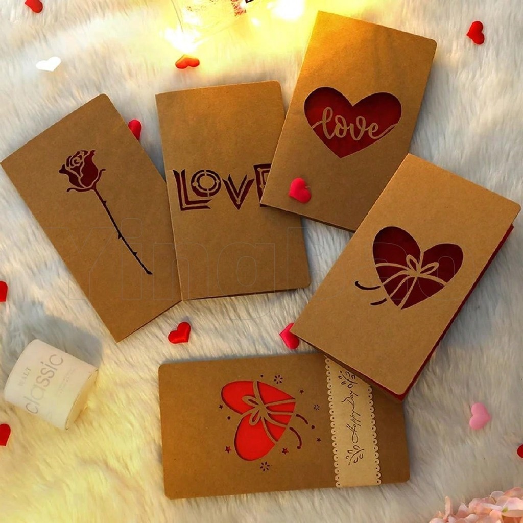 Laser Hollowed Out Heart Love Card Vintage Kraft Paper Thank You Card ...