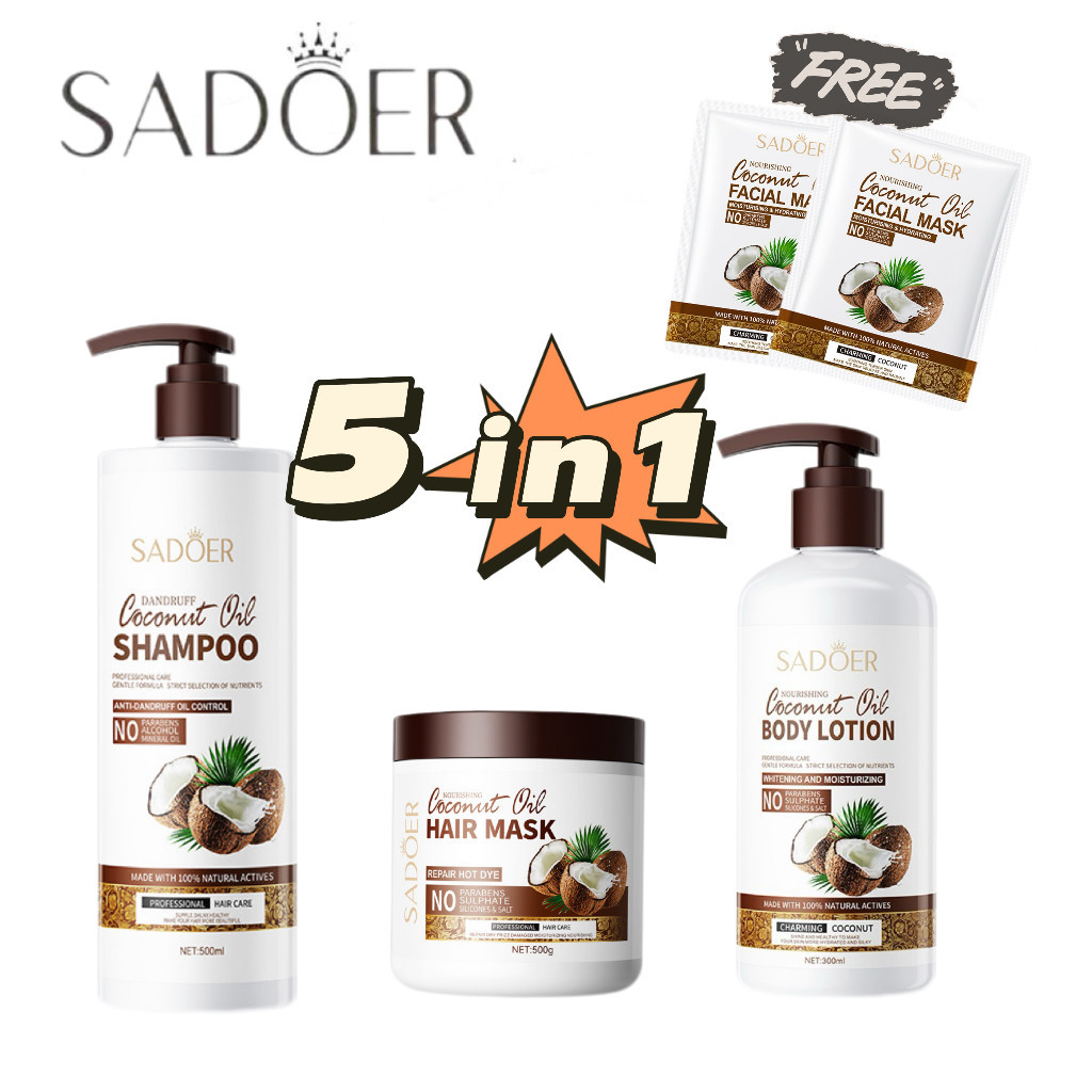 SADOER Coconut Oil Series Hair & Body Set (5in1) (Shampoo, Hair Mask, Body Lotion, Facial Mask ...